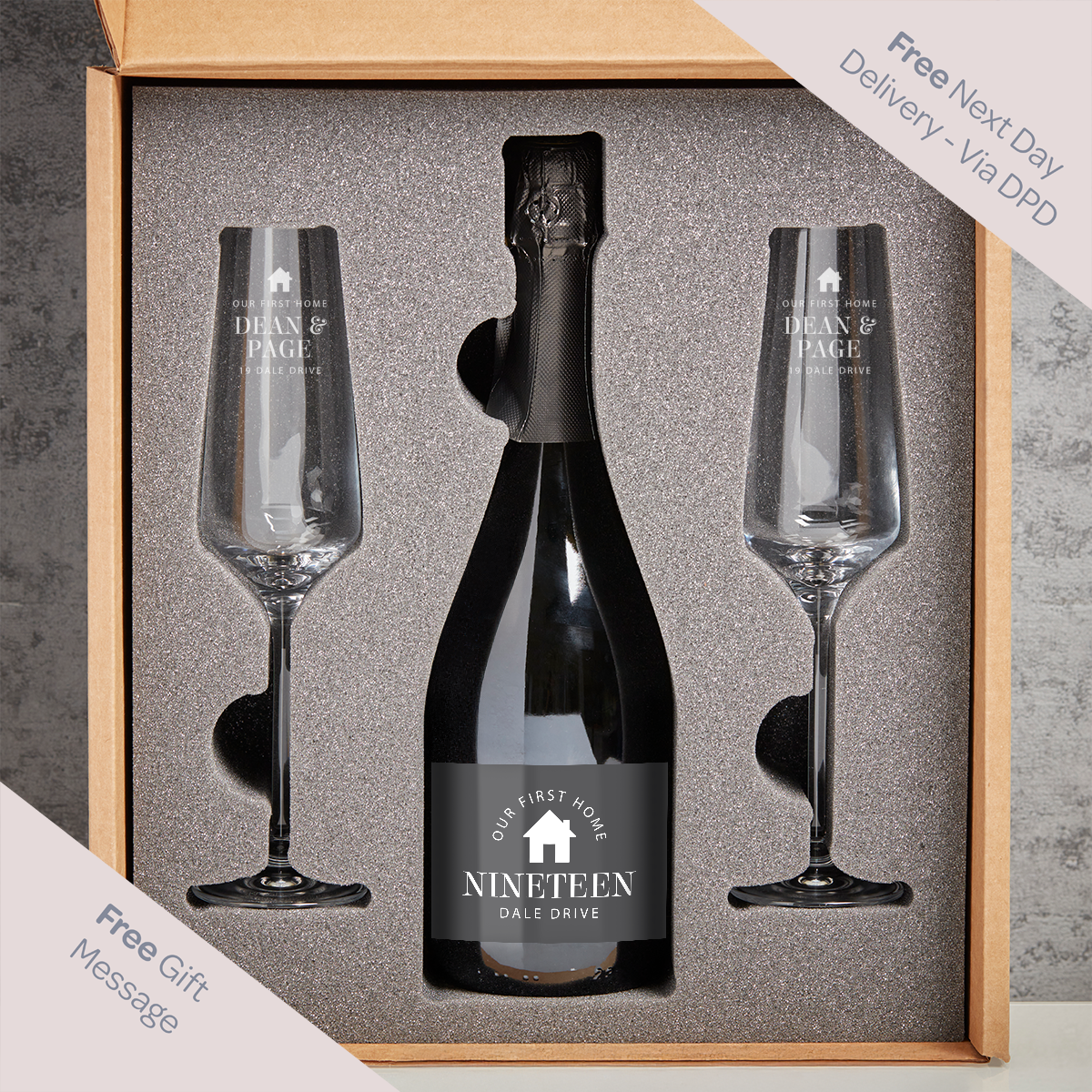 Personalised Our First Home Prosecco & Glasses Gift Set - Boutique Gifts