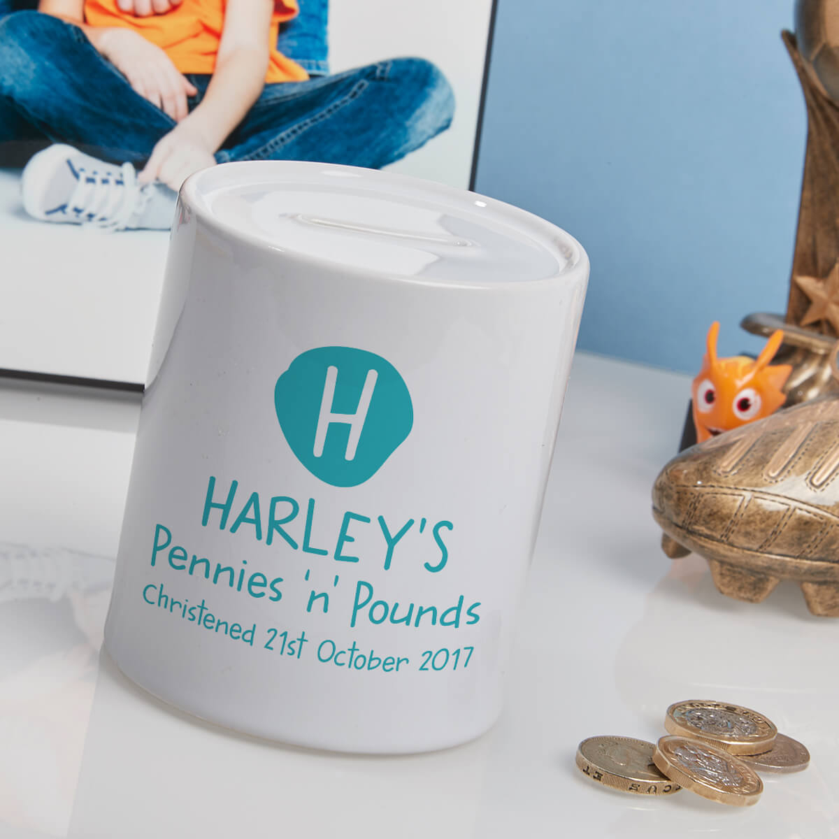 Personalised Blue Pennies & Pounds Personalised Money Box - Boutique Gifts