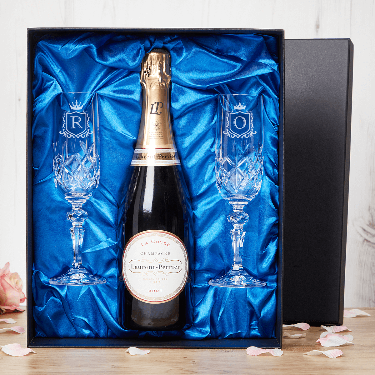 Personalised Crown Crest Couples Champagne Glasses Gift Set With Bottle Of Brut Champagne Boutique Gifts