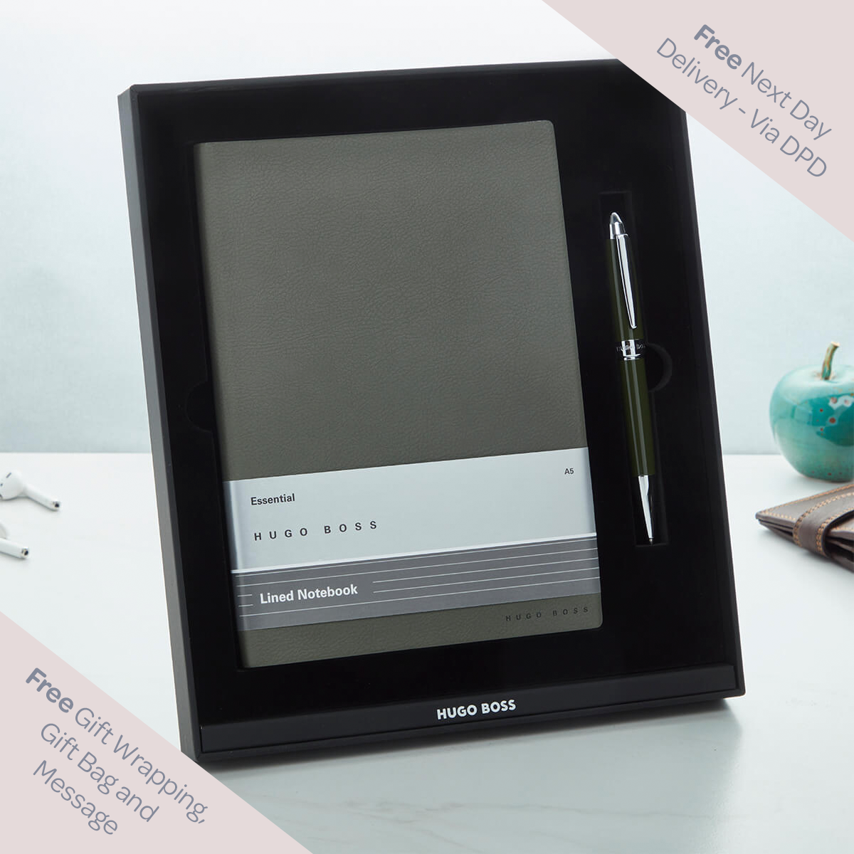 Personalised Hugo Boss Dark Green Ballpoint Pen & A5 Notebook ...